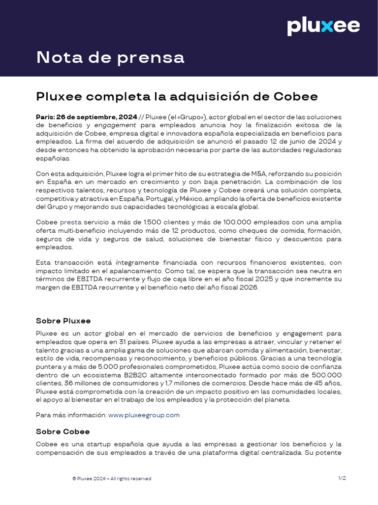 NP Pluxee Completa La Adquision de Cobee | PDF