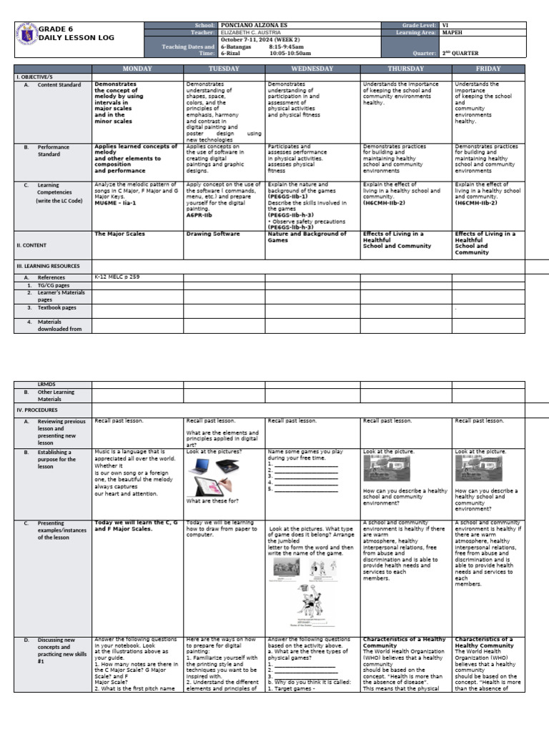 DLL - Mapeh 6 - Q2 - W2 | PDF