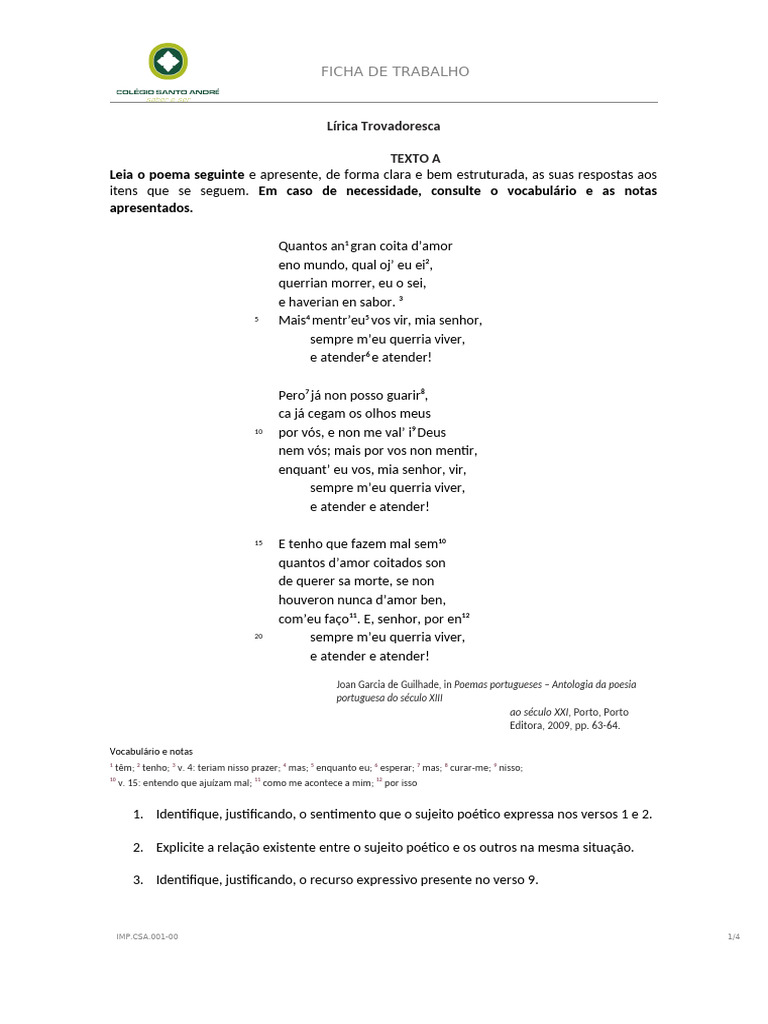 Ficha N.º 1 Lírica Trovadoresca | PDF