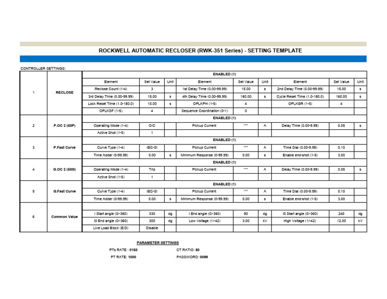 Rockwell Auto Recloser Setting Template | PDF