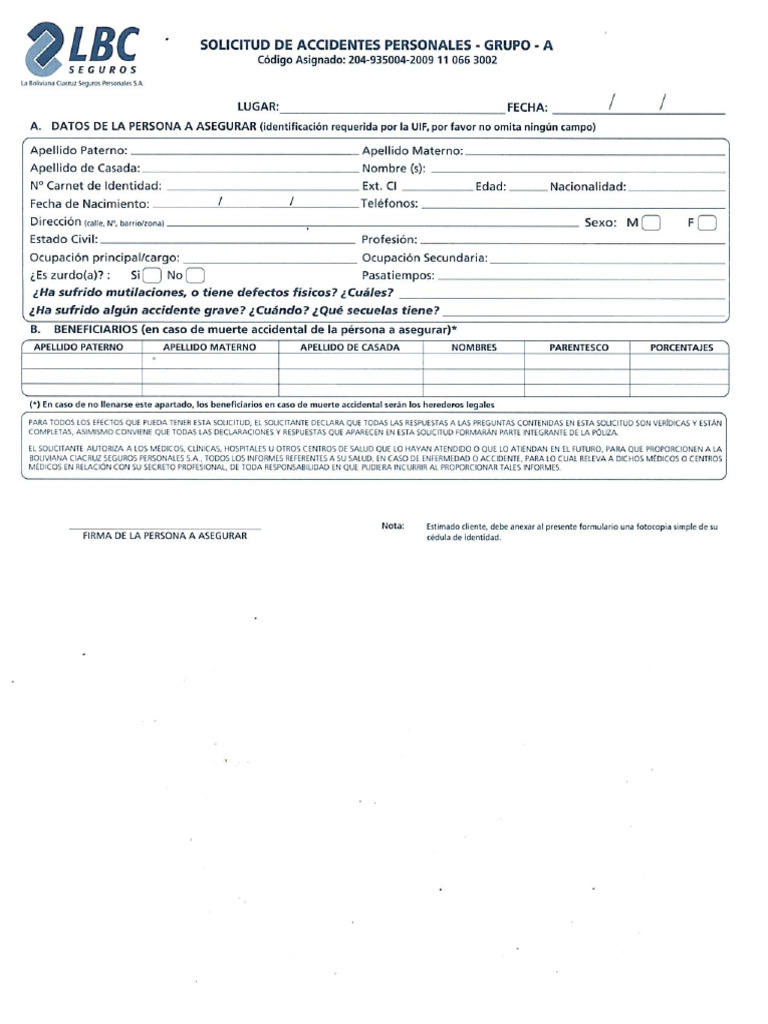 formulario para seguros | PDF