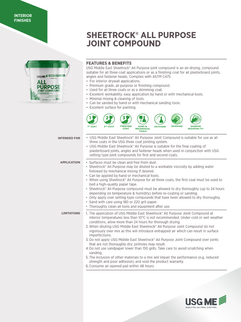 Sheetrock All Purpose Joint Compound Data Sheet | PDF