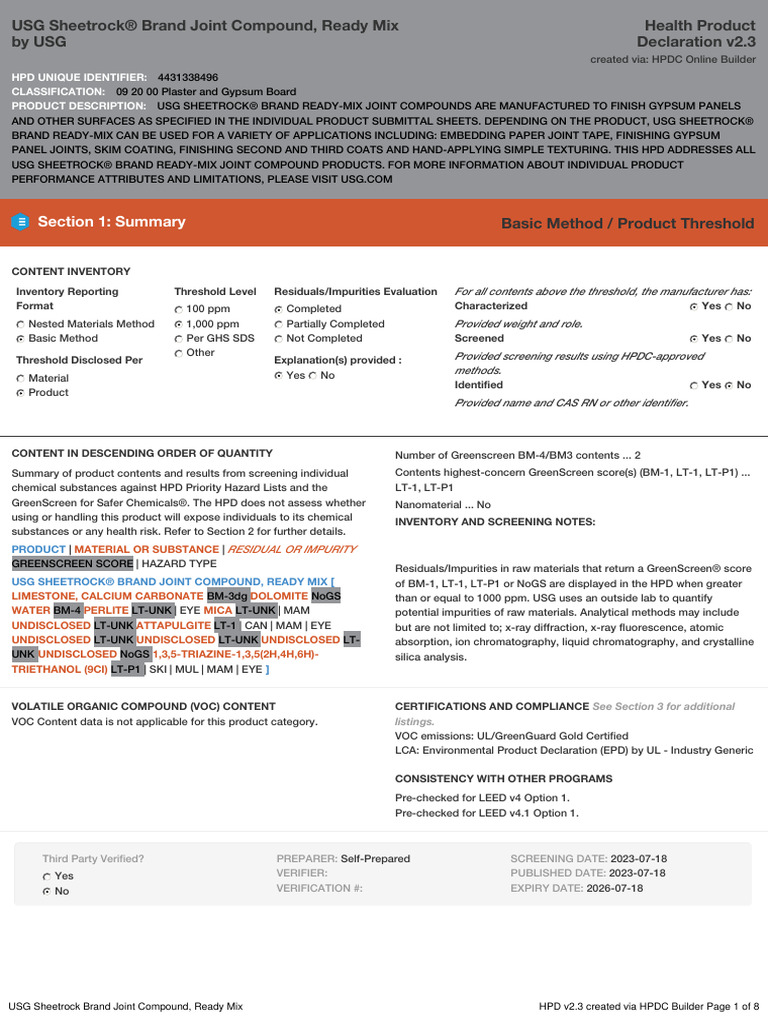 USG Sheetrock Brand Joint Compound HPD | PDF