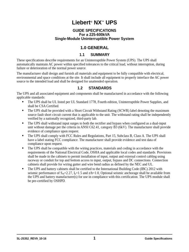 Liebert NX 225 600kva Single Module Guide Specifications | PDF
