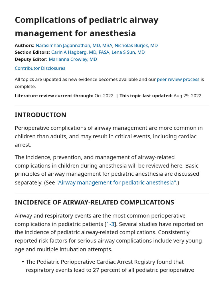 Complications of Pediatric Airway Management for Anesthesia | PDF