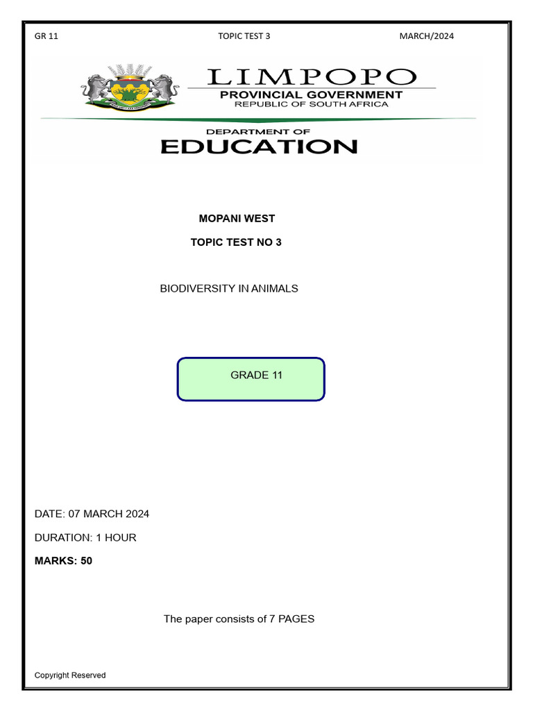 2024 03 07 MW LFSC Topic Test 3 Gr11 QP Eng | PDF | Invertebrate | Egg