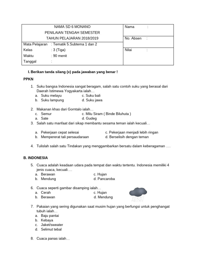 Soal PTS KELAS 3 Hari Ke 1 (Tema 5 Sub 1 2) Kelas 3 SMT 2 | PDF
