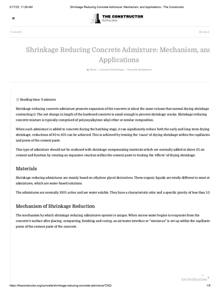 Shrinkage Reducing Concrete Admixture | PDF