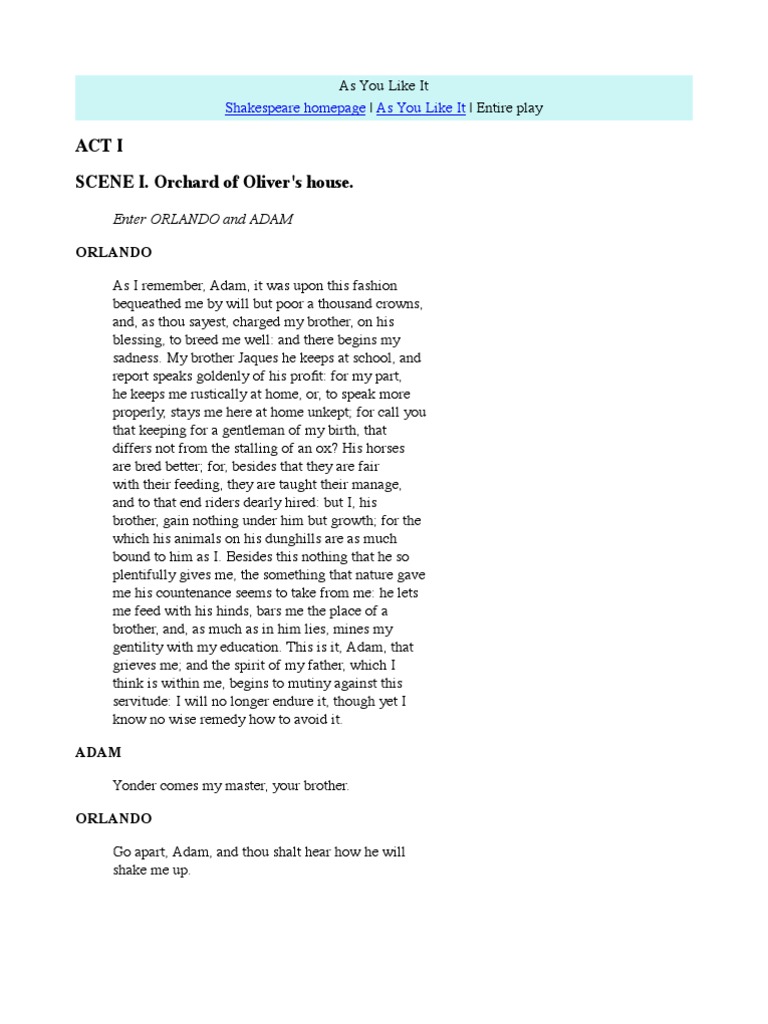 As You Like It - William Shakespeare | PDF