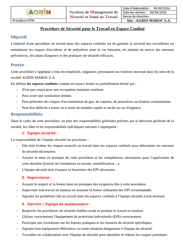 06- Procédure de Travail Des Espaces Confinés | PDF