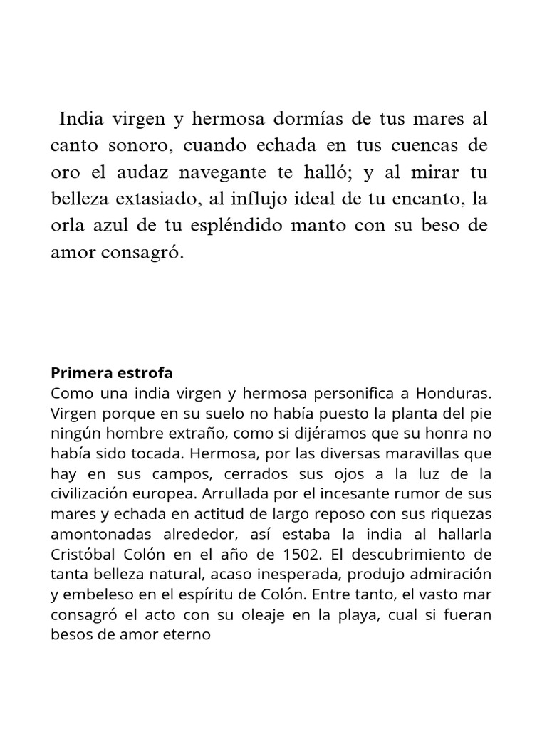 Estrofa y Explicaciones Himno Nacional de Honduras | PDF