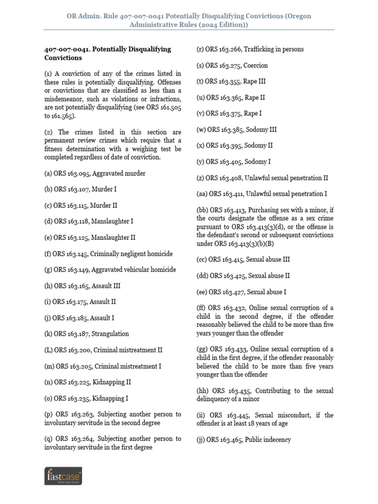 OR Admin Rule 4070070041 Potentially Disqualifying Convictions Oregon Administrative Rules 2024 ...