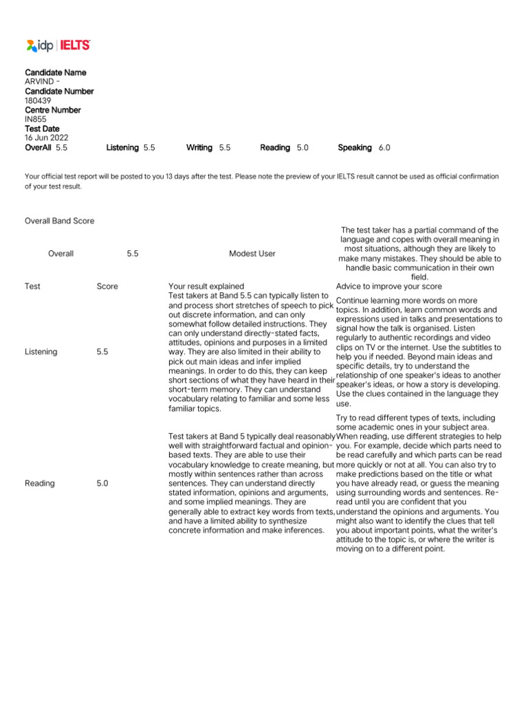 IELTS exam result | PDF