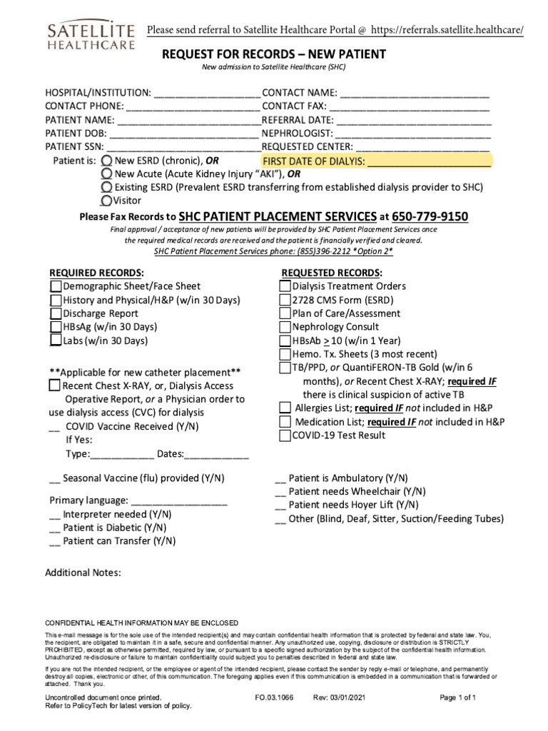 FILLABLE - Satellite Healthcare Request for Records 5.18.2021 | PDF