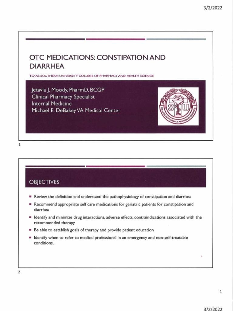 Phar 523 OTC Constipation and Diarrhea 22'_Handout_Moody | PDF