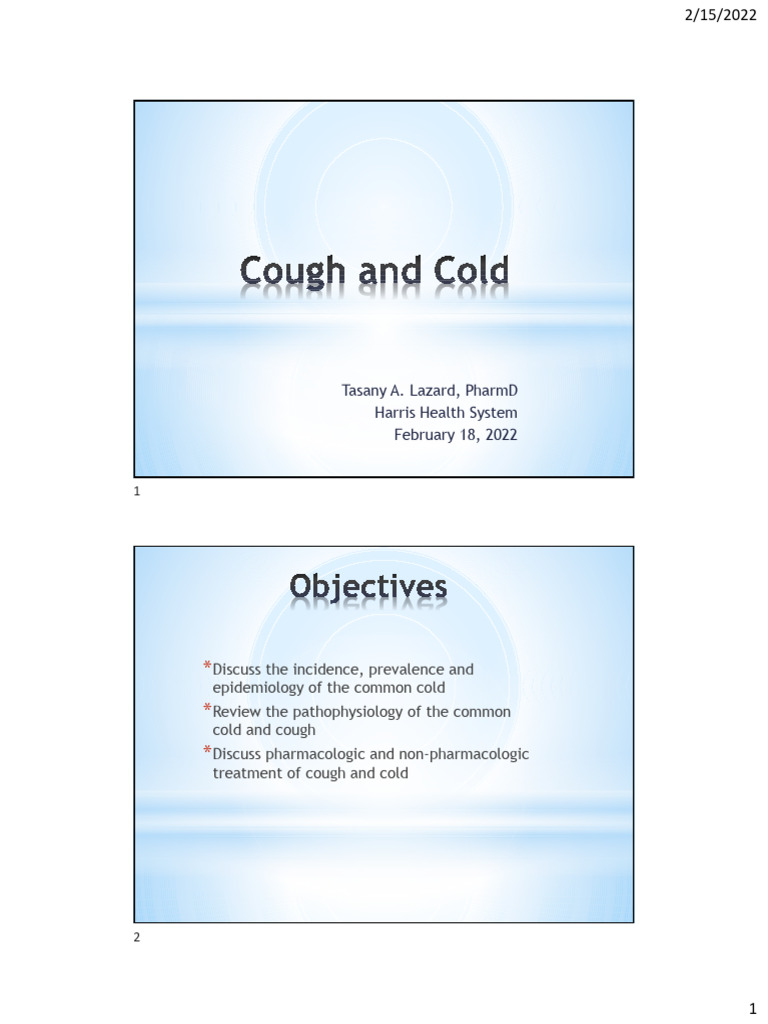 Phar 523 Complete Cough and Cold Lecture 2022 - Lazard - Handout | PDF