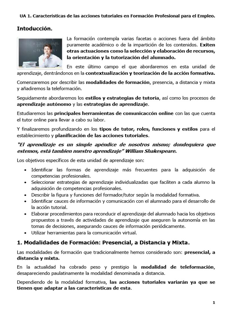 UF 1646 - UA1. Caracteristicas de Las Acciones Tutoriales en FPE | PDF | Aprendizaje ...