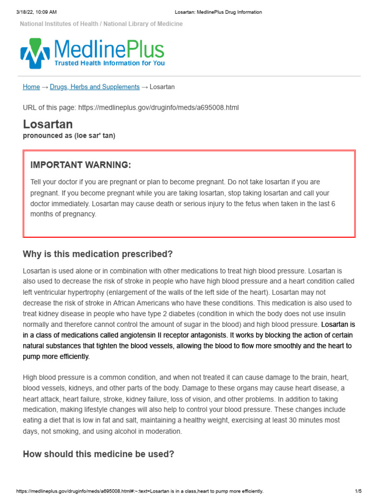Losartan - MedlinePlus Drug Information | PDF | Clinical Medicine ...