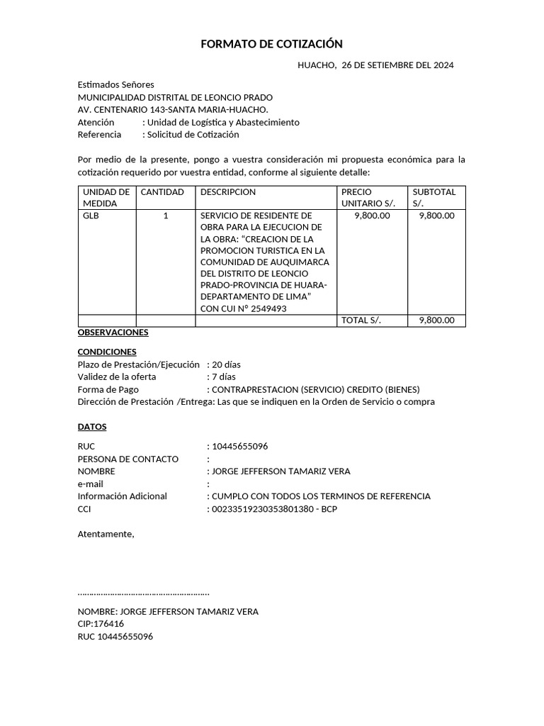 Formato de Cotización | PDF | Finanzas y dinero