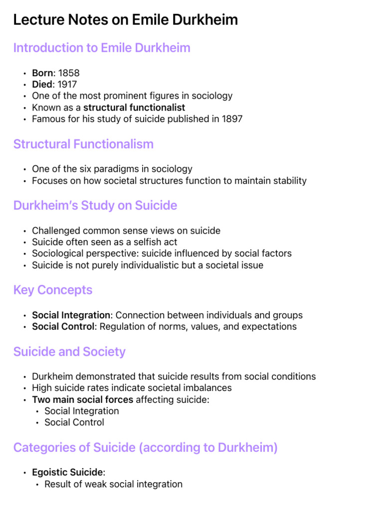 Understanding Emile Durkheim's Sociological Theories Notes | PDF ...
