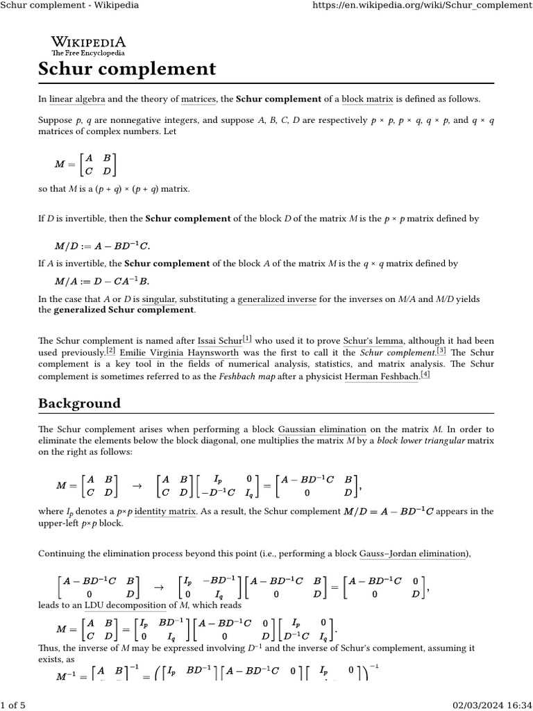 Schur Complement - Wikipedia | PDF