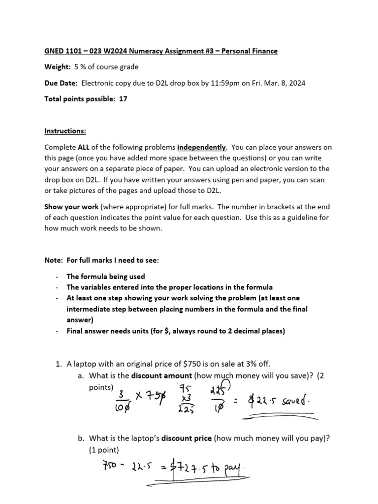 GNED 1101-023 W2024 - Numeracy Assignment 3 (Finance) | PDF