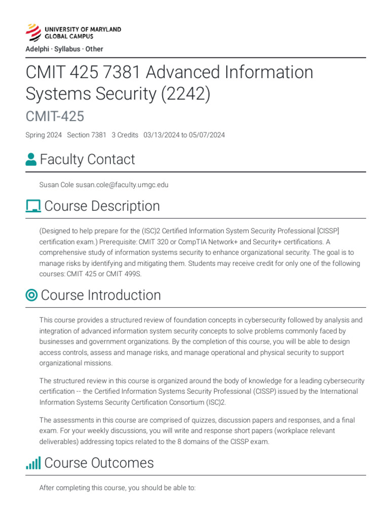 CMIT 425 7381 Advanced Information Systems Security 2242 CMIT 425 | PDF | Educational Assessment ...