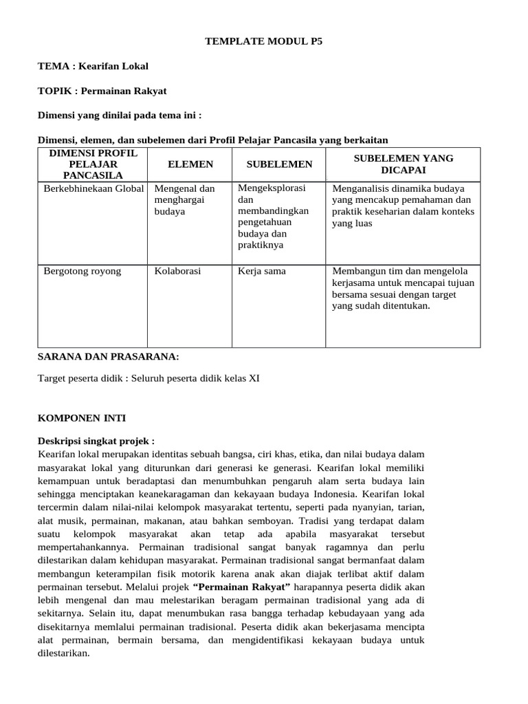 Template Modul P5 - Tema Permainan Rakyat Kelas XI | PDF
