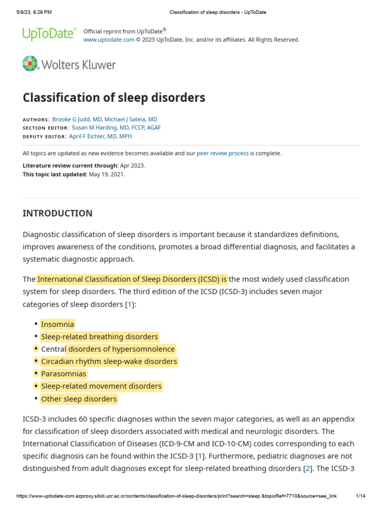 Classification of Sleep Disorders - UpToDate | PDF