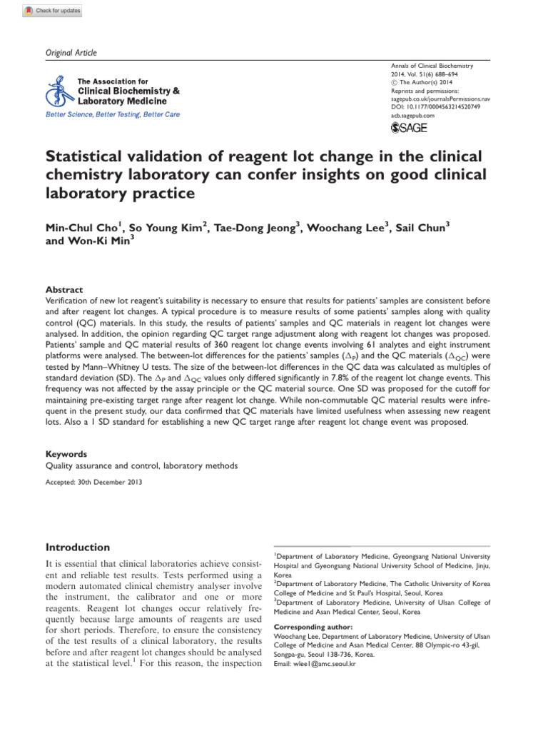 Cho Et Al 2014 Statistical Validation of Reagent Lot Change in The ...