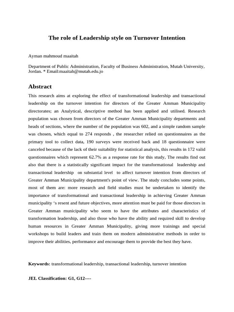 The Role of Leadership Style On Turnover Intention | PDF