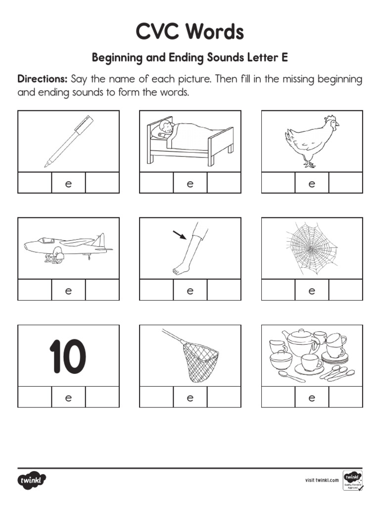 CVC Words Beginning and Ending Sounds Letter E Worksheet | PDF