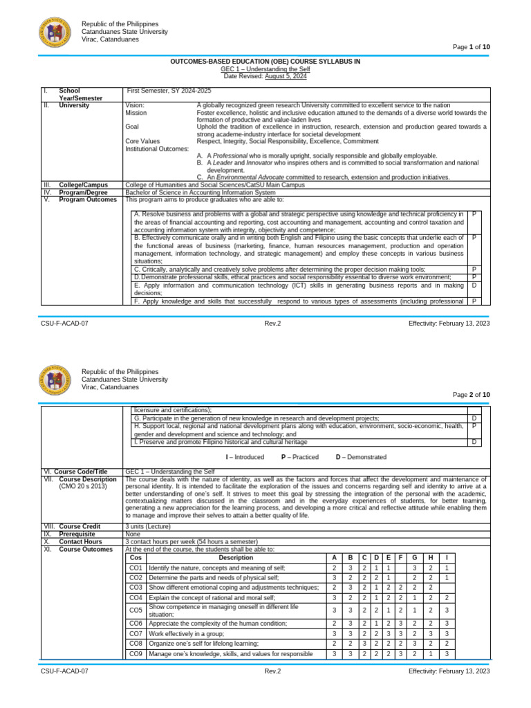 OBE Syllabus in GEC 1 Understanding The Self BSAIS First Sem. 2024 2025 ...