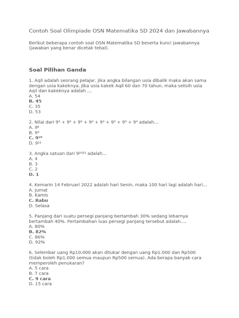 Contoh Soal Olimpiade OSN Matematika SD 2024 Dan Jawabannya | PDF