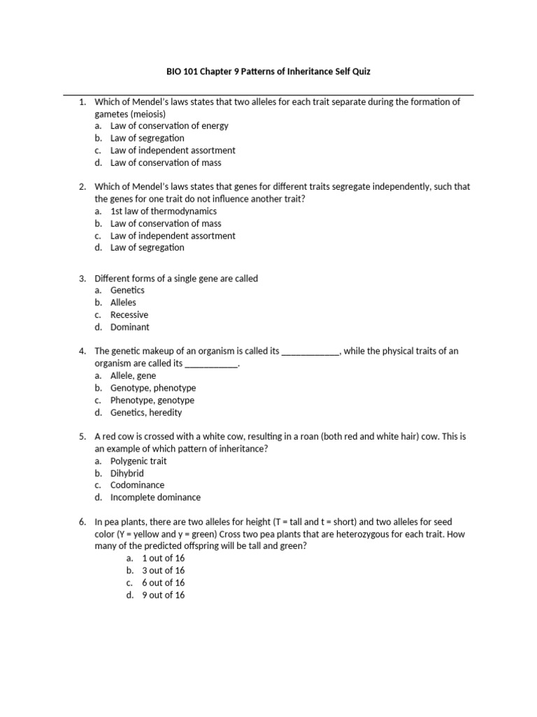 Bio 101 Chapter 9 Patterns of Inheritance Self Quiz | PDF
