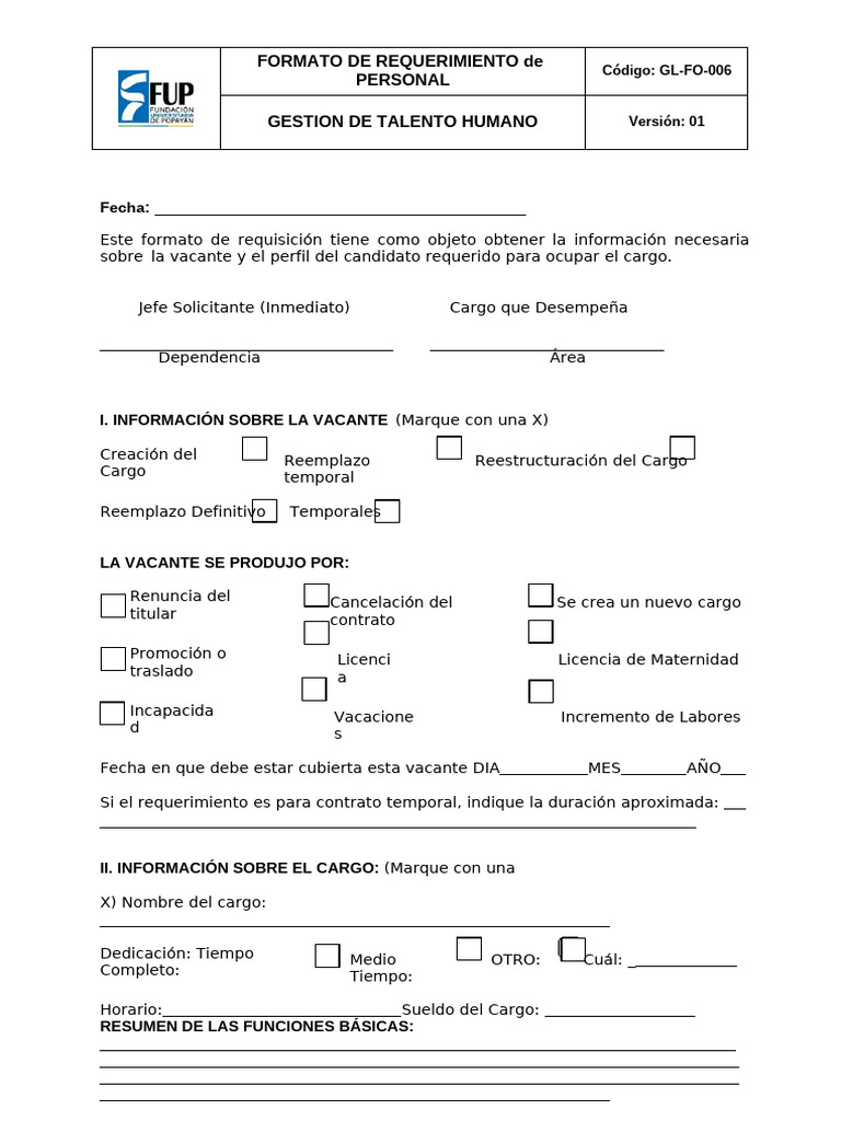 Formato de Requerimiento de Personal | PDF