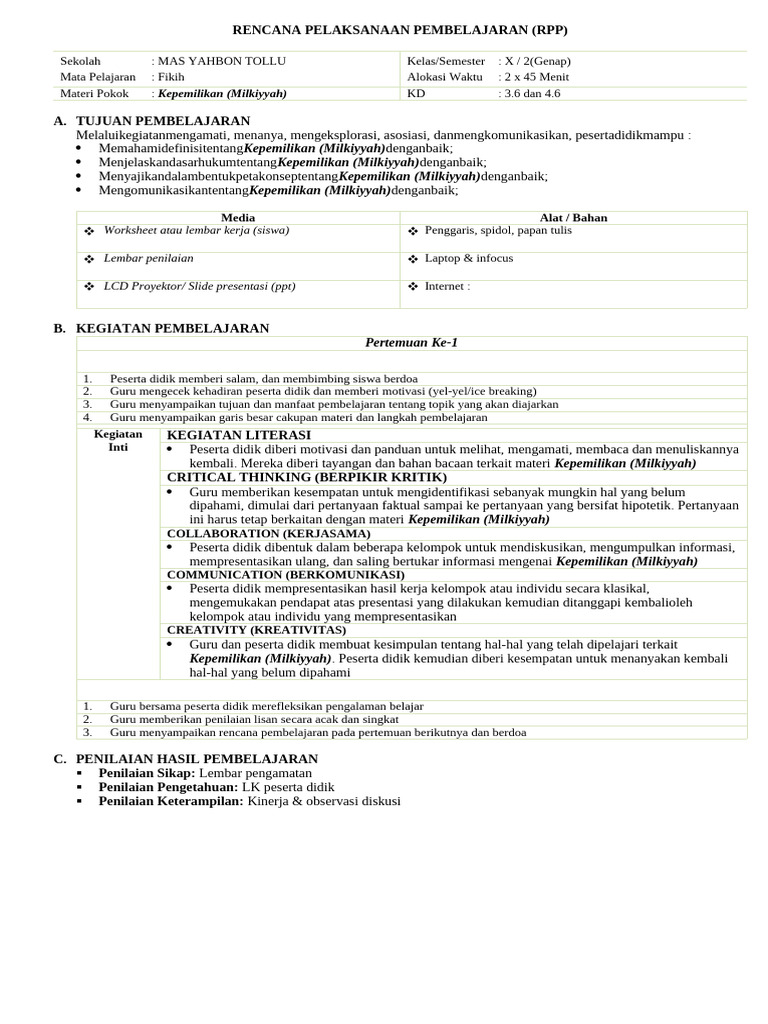 RPP II Fikih Kelas 10 Sem 2 | PDF