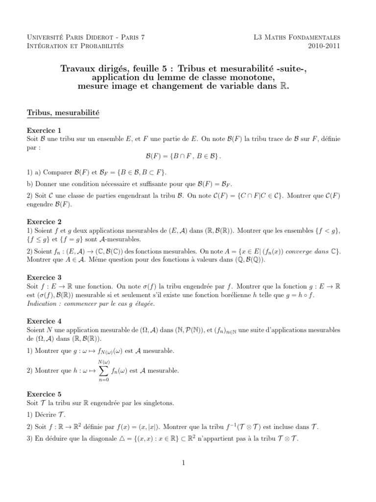 Travaux Dirig Es, Feuille 5: Tribus Et Mesurabilit e - Suite-, Application Du Lemme de Classe ...