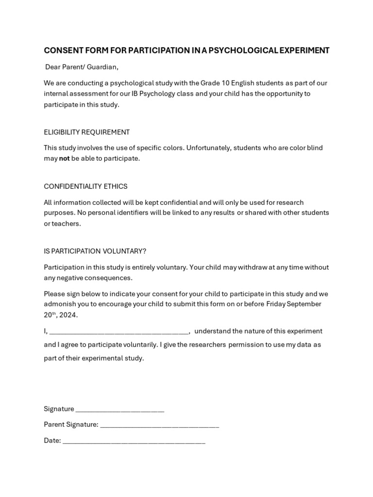 Consent Form For Participation in A Psychological Experiment | PDF