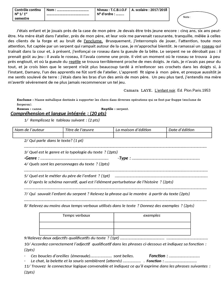 contrôle 1 Biof | PDF