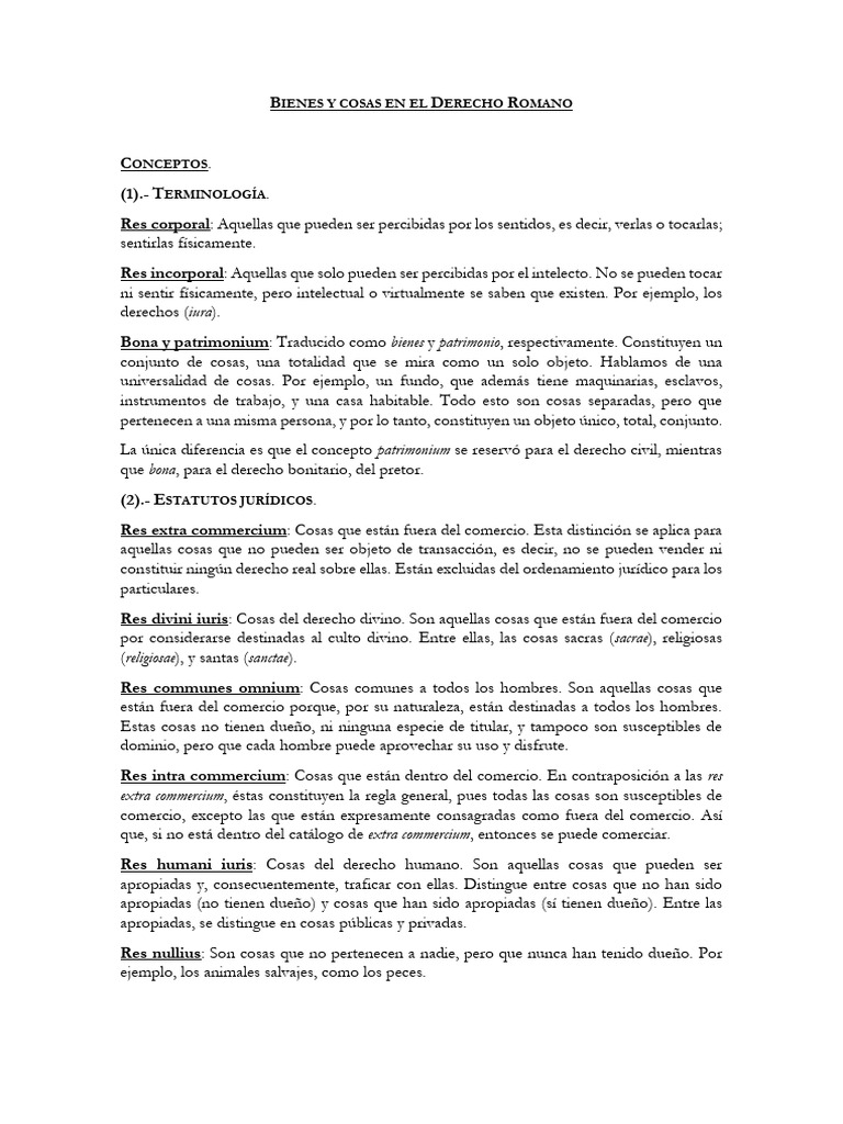 Resumen Bienes y Cosas en El Derecho Romano 1 | PDF