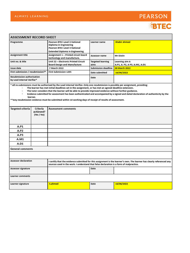 Unit-22-Learning-Aim-A-Electronic-Printed-Circuit-Board-Design-and ... Unit-22-Learning-Aim-A-Electronic-Printed-Circuit-Board-Design-and ...