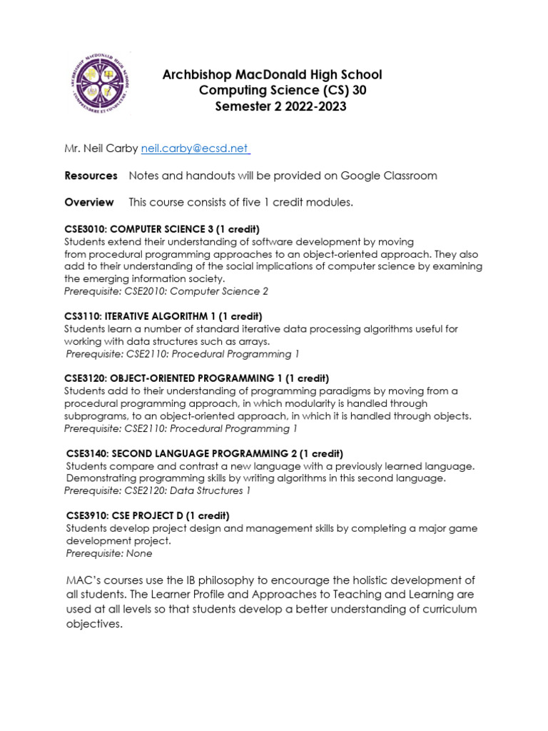 Computing Science 30 Course Outline S2 - 2022-23 | PDF