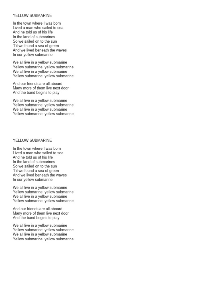 Yellow Submarine Song Lyrics | PDF | Foreign Language Studies