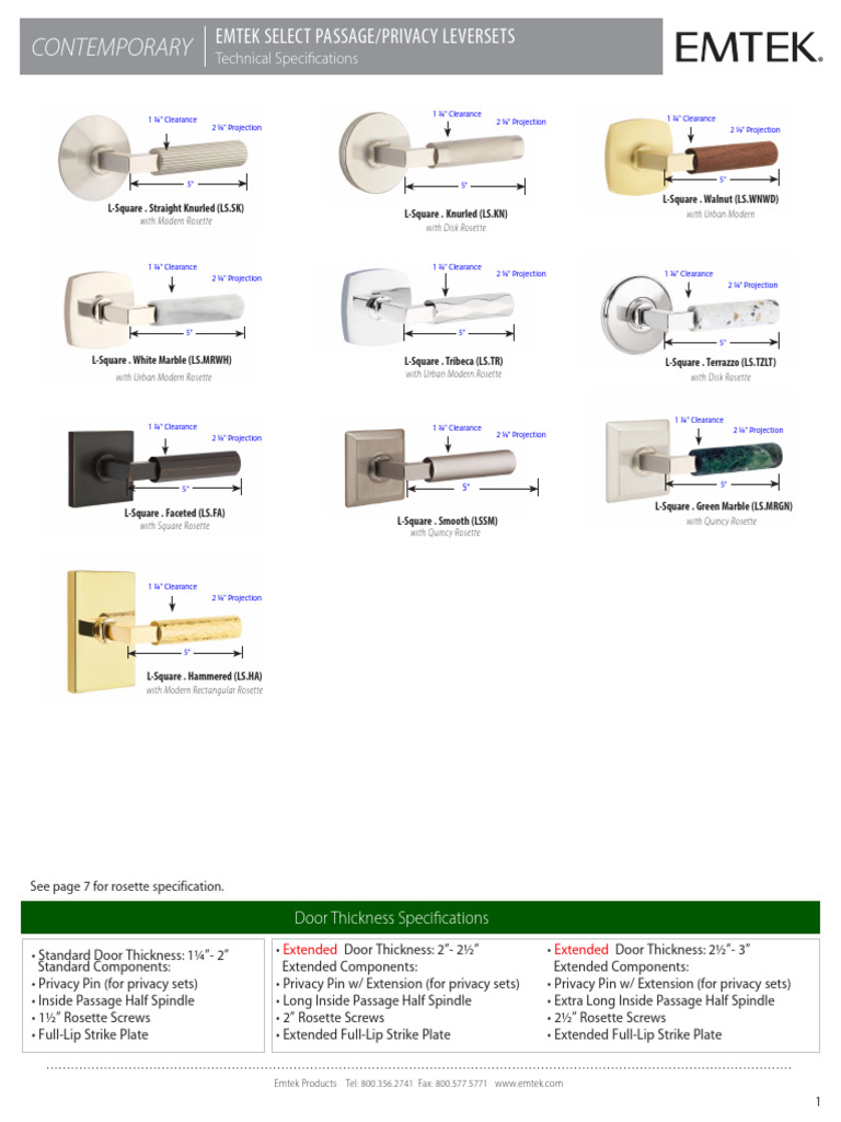 EMTEK Passage Privacy Knobsets and Leversets Dimensions - Door Thickness Specifications | PDF