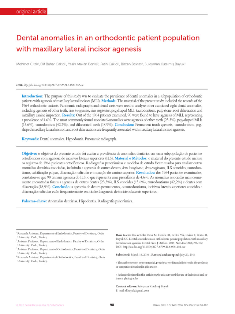 Dental Anomalies in An Orthodontic Patient Population With Maxillary ...