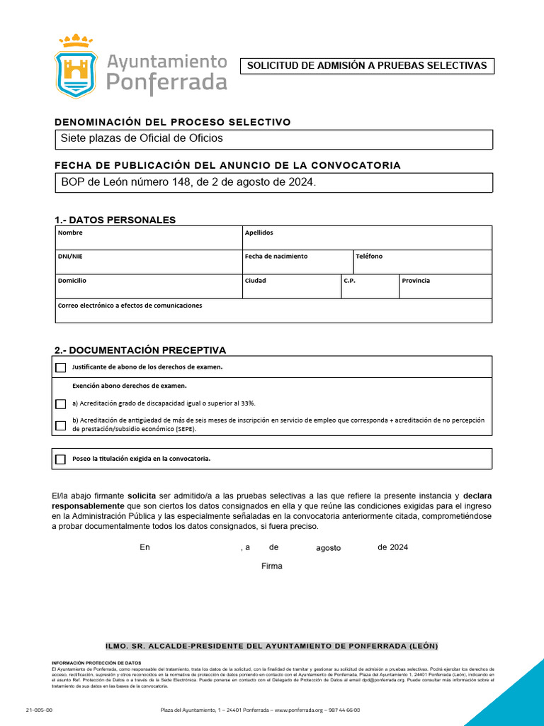 Solicitud de Admisión A Pruebas Selectivas | PDF