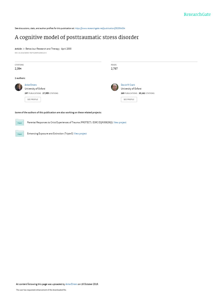 A Cognitive Model of PTSD. Ehlers Clark 2000 | PDF