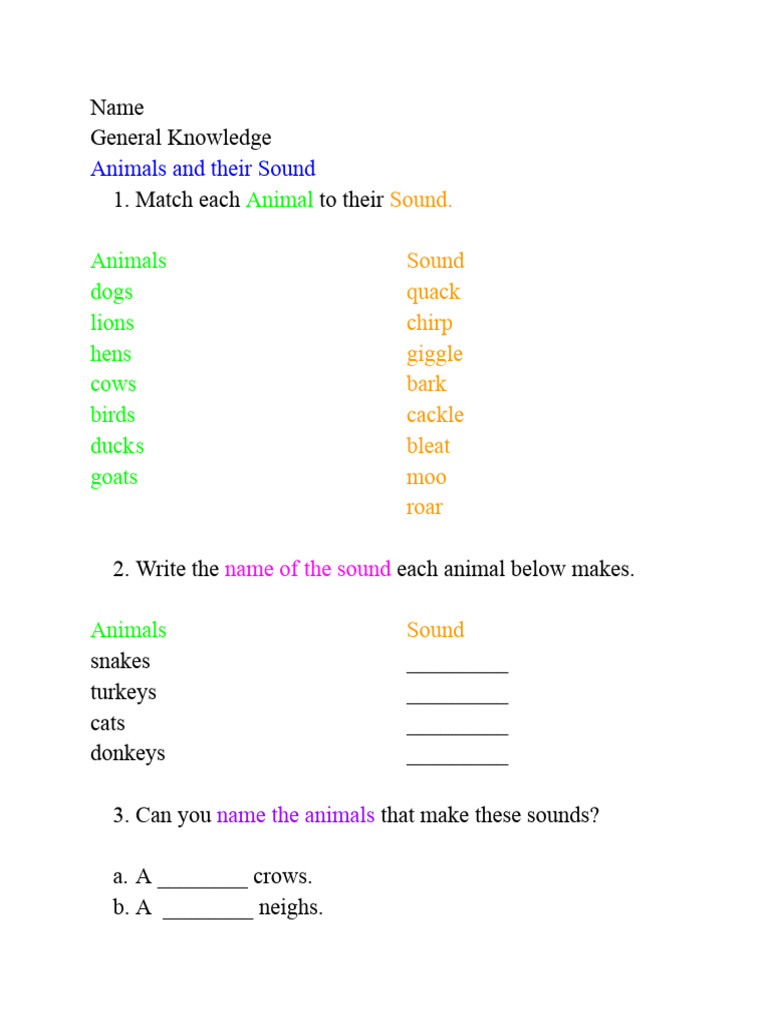 General Knowledge Animals and Their Sound-Test | PDF