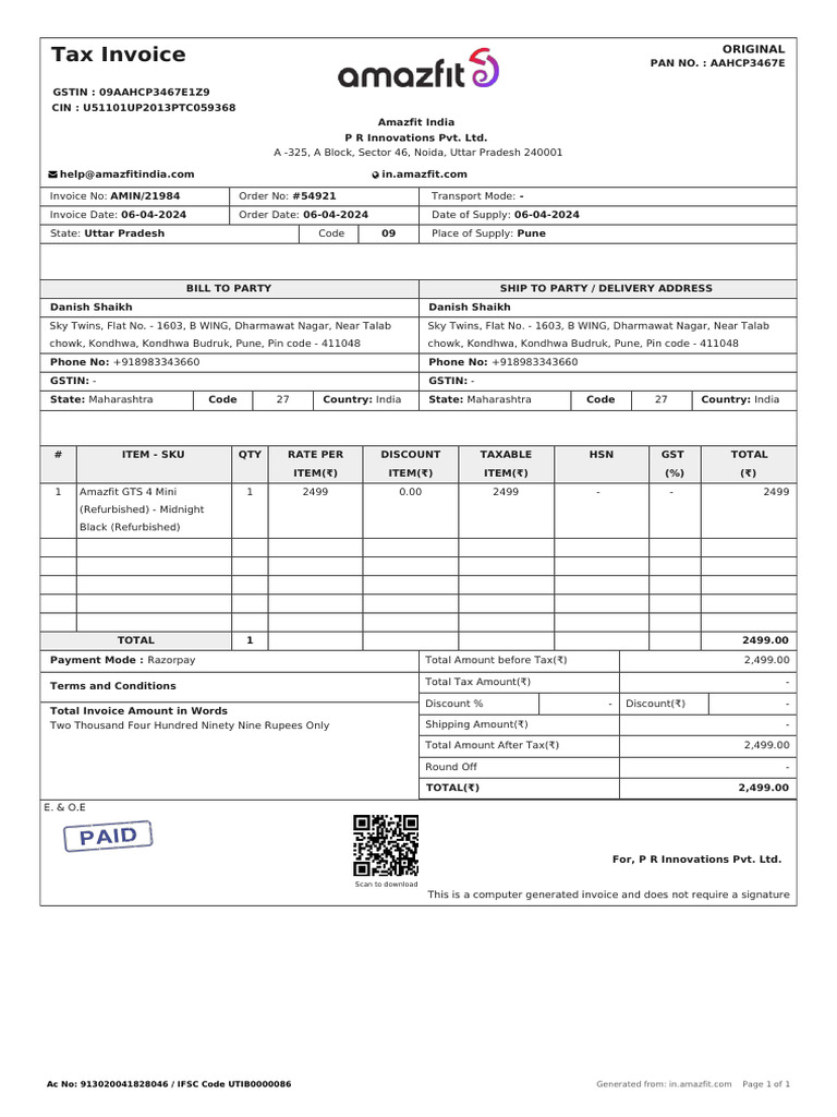 Amazefit Watch Invoice | PDF